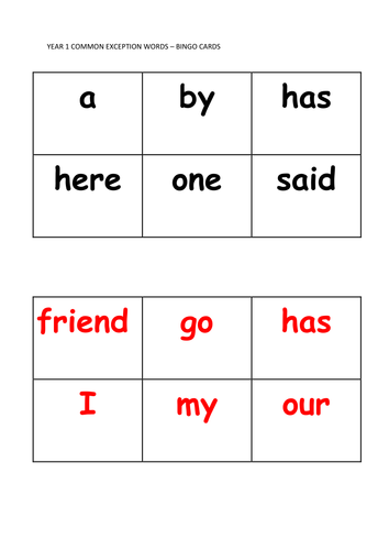 YEAR 1 COMMON EXCEPTION WORDS BINGO GAME (PACK OF 26 CARDS PLUS TEACHER ...