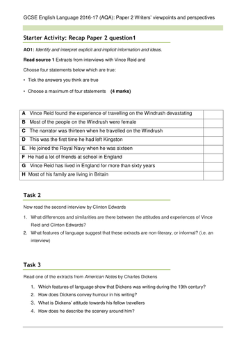 GCSE English Language AQA 9-1 Specification Paper 2 revision Q1 and Q2 ...