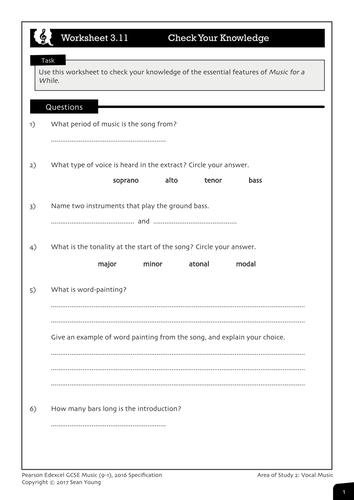 Worksheet Pack for Pearson Edexcel GCSE Music (2016 Specification ...