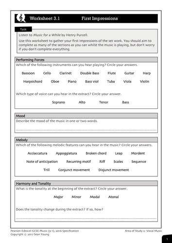 Worksheet Pack for Pearson Edexcel GCSE Music (2016 Specification ...