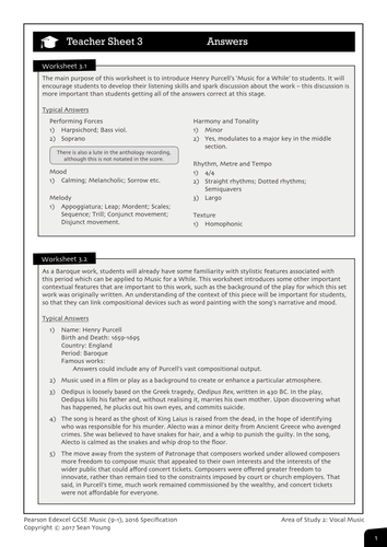 Worksheet Pack for Pearson Edexcel GCSE Music (2016 Specification ...