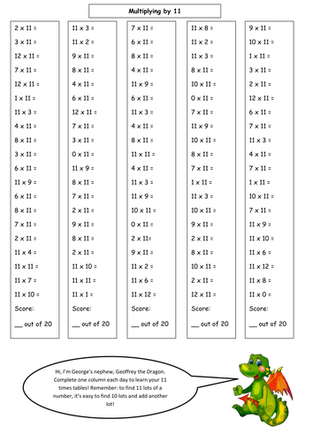 11 Times Tables Revision Sheets | Teaching Resources