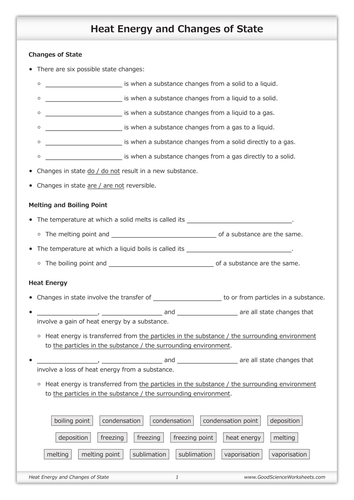 Changes Of State Worksheet