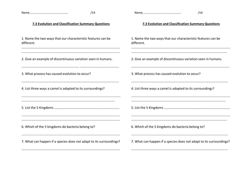 y7 Evolution and Classification summary questions | Teaching Resources