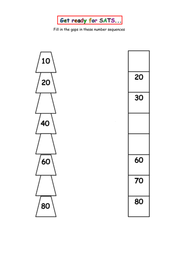 MISSING NUMBER SEQUENCES BASED ON 10 X TABLE - YEAR 2 SATS PRACTICE | Teaching Resources