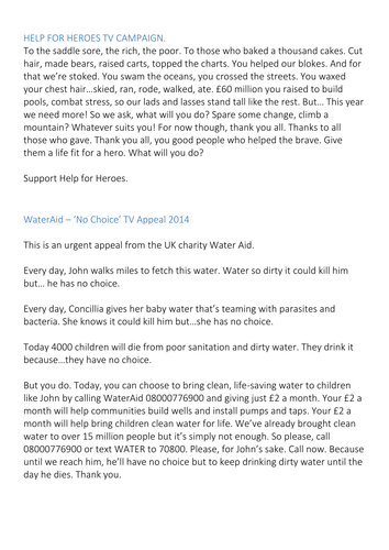 KS3 NON-FICTION WRITING - WRITING CHARITY ADVERTS | Teaching Resources