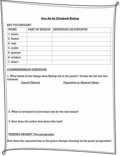 One Art by Elizabeth Bishop | Teaching Resources