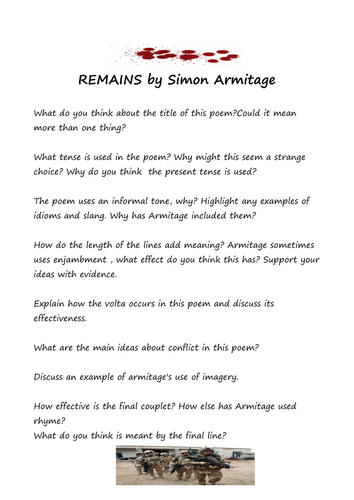 Remains By Simon Armitage Worksheet Teaching Resources