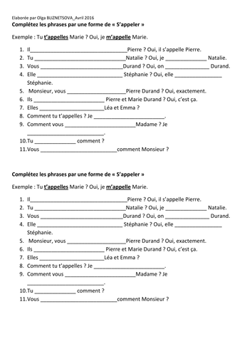 Conjugation of a verb "S'appeler" in the present/ Conjugaison du verbe ...
