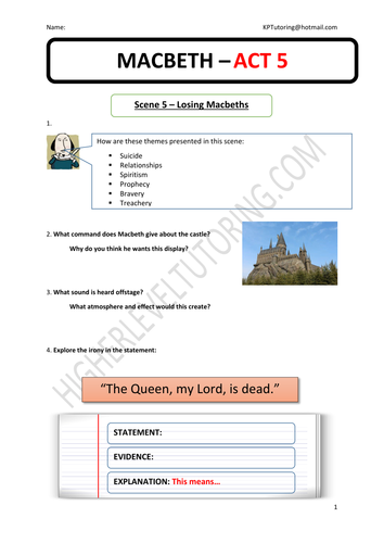 SHAKESPEARE: MACBETH - ACT 5. Scene 5 Question and activities worksheet ...
