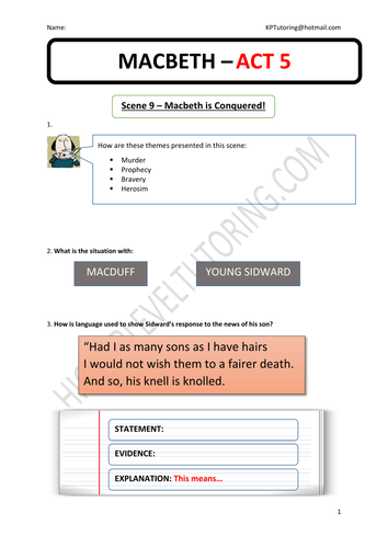SHAKESPEARE: MACBETH - ACT 5. Scene 9 Question and activities worksheet ...