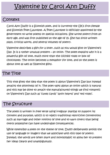 Valentine Carol Ann Duffy Revision Notes | Teaching Resources