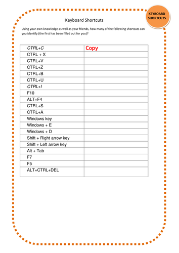 Basic Keyboard shortcut worksheet | Teaching Resources