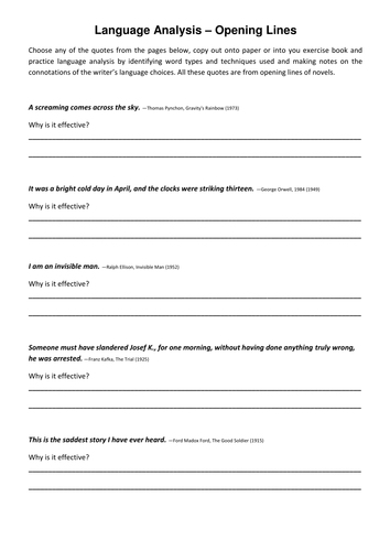 Practising Language Analysis - Opening Lines | Teaching Resources