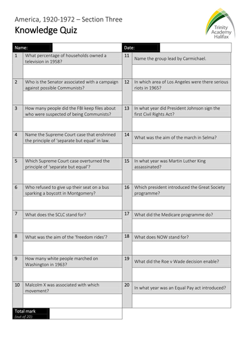 AQA GCSE History (2016 spec) - America 1920-1973 Knowledge Quizzes ...
