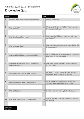AQA GCSE History (2016 spec) - America 1920-1973 Knowledge Quizzes ...