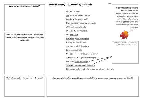 GCSE Eduqas WJEC Unseen Poetry lesson KS3/KS4 Autumn Alan Bold ...