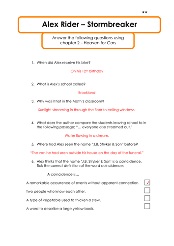 Alex Rider Stombreaker - Chapter 2 (Heaven for Cars) Comprehension ...