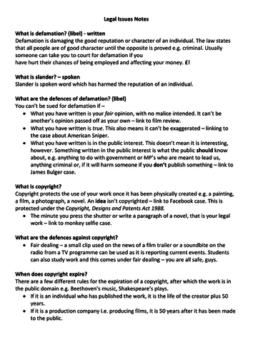 CTEC Media Legal and Ethical revision notes | Teaching Resources