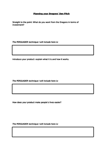 Dragons' Den Speaking and Listening/Persuasive Writing mini-SOW ...