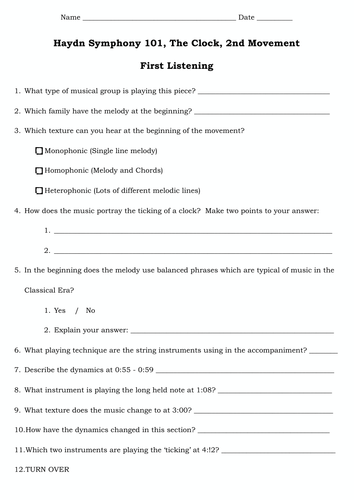 AQA Haydn Clock - First Listening Activity | Teaching Resources