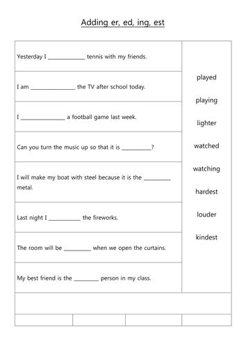Adding 'er', 'est', 'ing', 'ed' spelling sheet | Teaching Resources