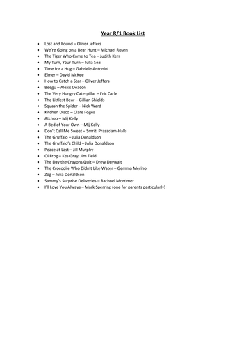 Year R/1 Book List | Teaching Resources