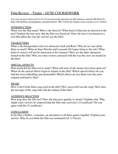 Titanic film review writing frame | Teaching Resources
