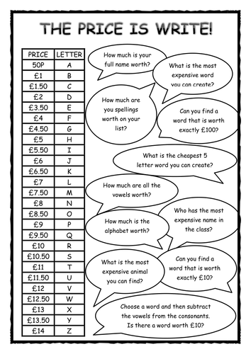 10 PRICE IS WRITE! GAMES spelling and maths! | Teaching Resources