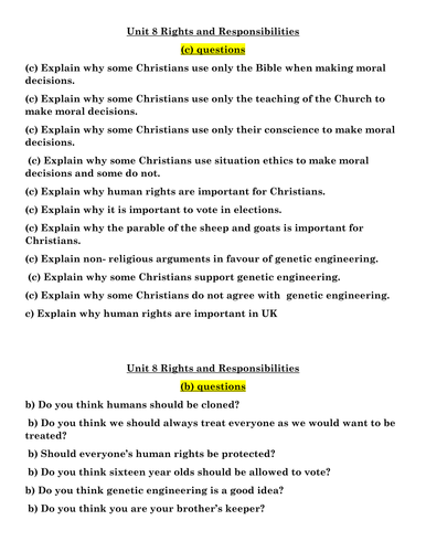Edexcel Religious Studies Unit 8 past paper questions. | Teaching Resources