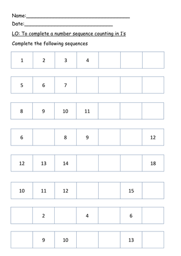 Number Sequences - Differentiated worksheets - Counting in 1's, 2's and ...