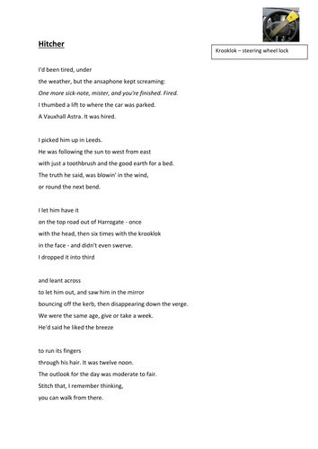 Comparing Unseen Poems - Salome and Hitcher | Teaching Resources