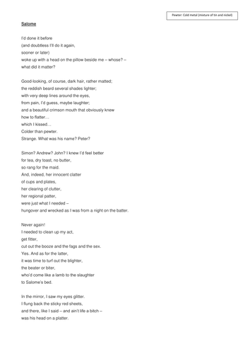 Comparing Unseen Poems - Salome and Hitcher | Teaching Resources