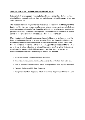 Romeo and Juliet Context Homework Sheet with a SPAG focus | Teaching ...