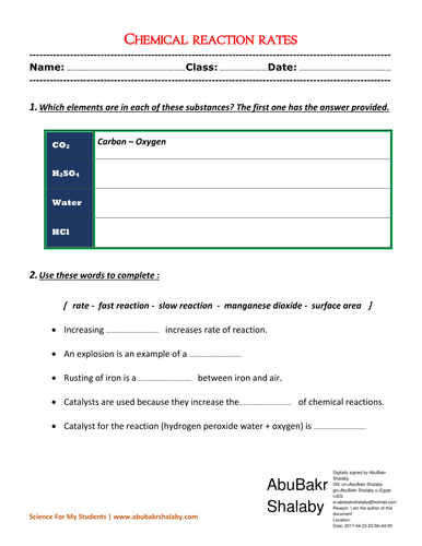 Chemical reaction rates " Worksheet" | Teaching Resources