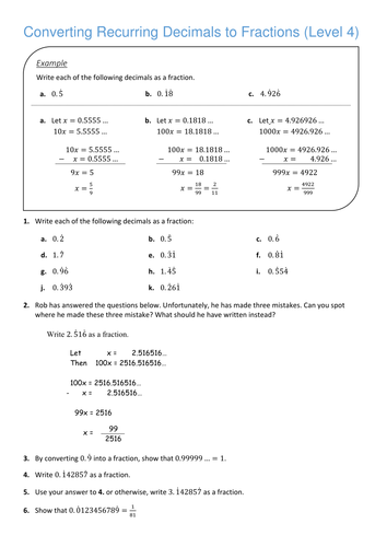 Converting Recurring Decimals to Fractions (Level 4) | Teaching Resources