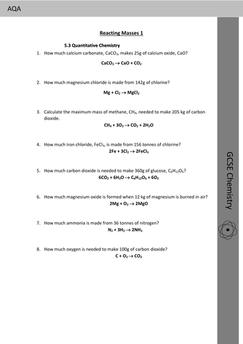 GCSE Chemistry Calculating Reacting Masses worksheet | Teaching Resources GCSE Chemistry Calculating Reacting Masses worksheet | Teaching Resources