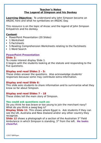 ANZAC - Legend of Simpson and his Donkey: Presentation, Factsheets and ...