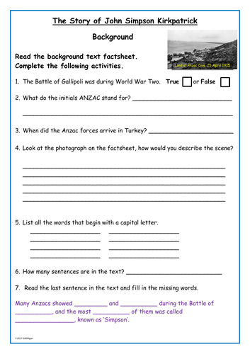 ANZAC - Legend of Simpson and his Donkey: Presentation, Factsheets and ...