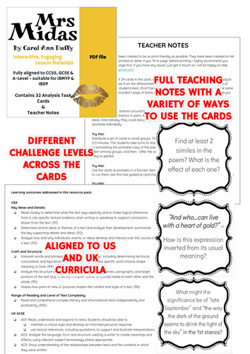 Mrs Midas Analysis Task Cards | Teaching Resources