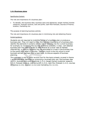 Business Plan 1.4.4 GCSE Business | Teaching Resources