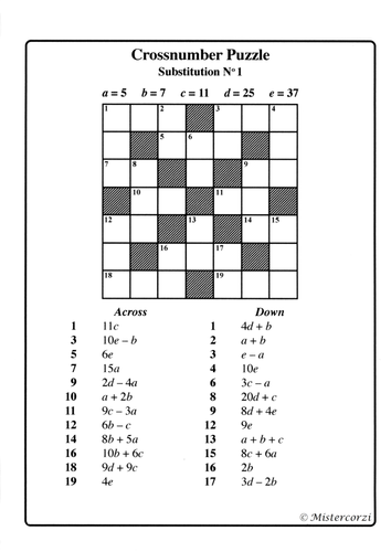 Substitution No1 (Crossnumber Puzzles) | Teaching Resources
