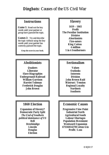 Revision / Dingbat Cards: Causes of the American Civil War 1860 - 1865 ...