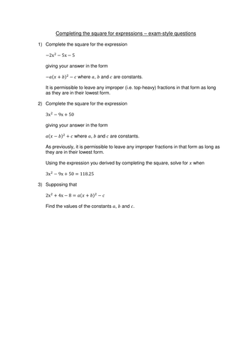 GCSE exam-style worksheet - completing the square for an expression ...