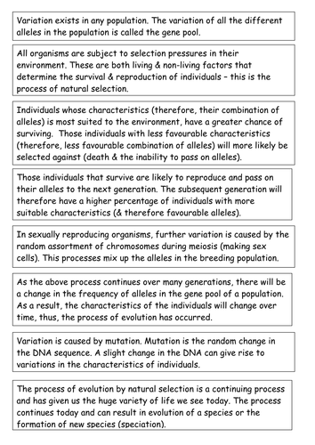 Evolution by natural selection card sort | Teaching Resources