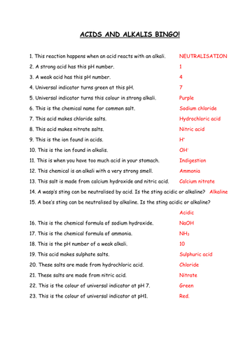 GCSE Chemistry Acids and Alkalis Bingo - Questions and Set of Bingo ...