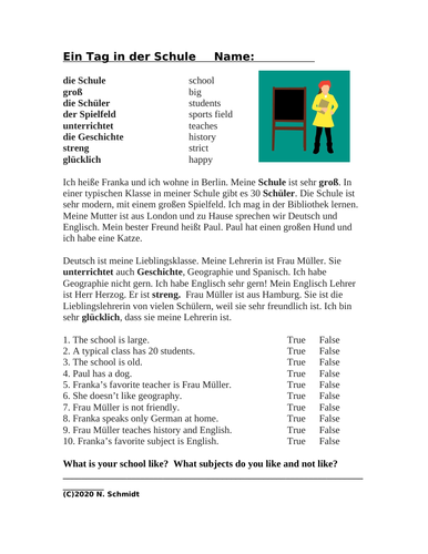 Meine Schule German Reading on School Life: Deutsch Lesung | Teaching ...