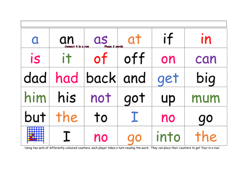 Phase 2 High Frequency word game 4 in a row | Teaching Resources