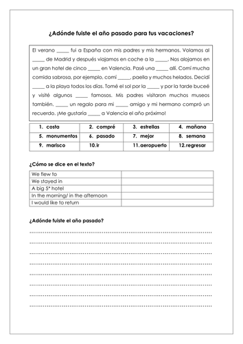 Spanish KS3 GCSE holidays preterite past tense las vacaciones preterite ...