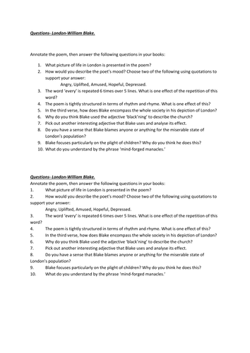 AQA Poetry Conflict- London by William Blake | Teaching Resources